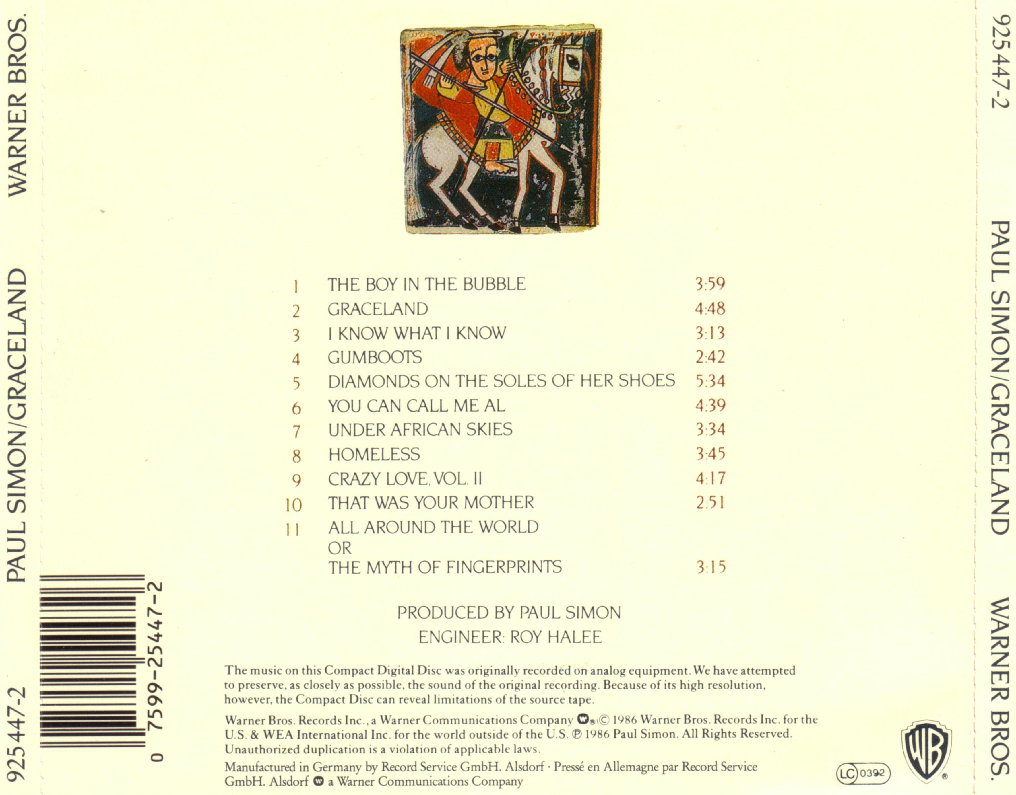 Paul Simon Graceland 1986 : Back | CD Covers | Cover Century | Over 1. ...